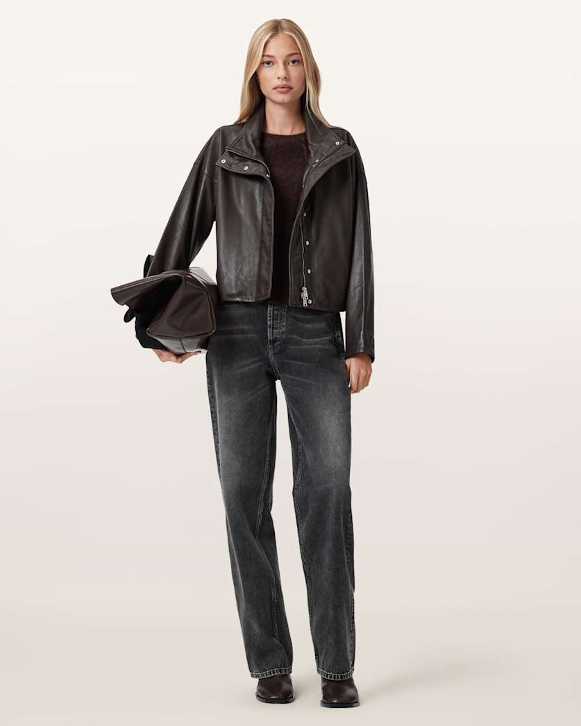 Ryder Funnel Neck Leather Jacket Bitter Brown | ALLSAINTS US